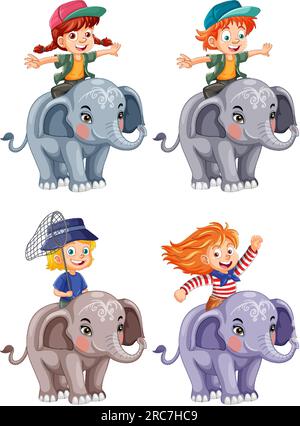 Collection of different kids riding elephants illustration Stock Vector ...