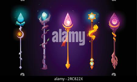 Magic wands, wizard staves, fantasy game weapon. Magician gold and ...