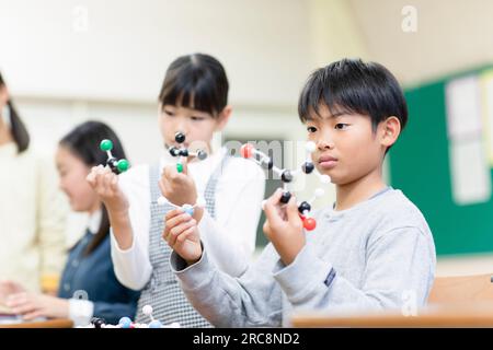 Elementary school students assembling a model in the classroom Stock ...