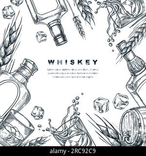 Glass of whiskey or bourbon hand drawn in sketch. Engraving style ...