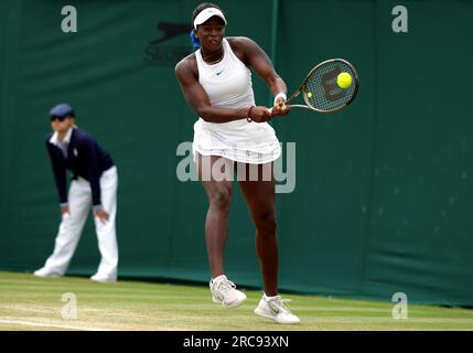 Clervie Ngounoue in action during a women's singles match at the 2023 ...
