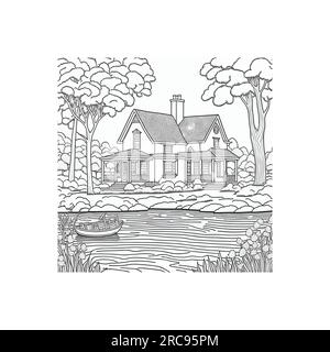 a beautiful house by the river, coloring book Stock Vector Image & Art ...