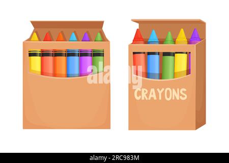Set Wax crayons in carton box and with brush stroke in cartoon style ...
