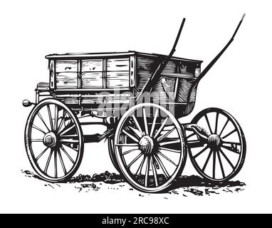 Garden wooden cart sketch. Old empty farm wheelbarrow. Agriculture ...