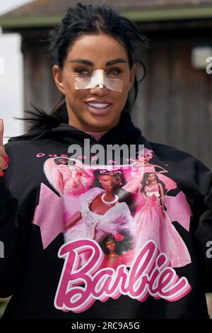 Katie Price and her son Harvey stand by his drawing, after he was ...