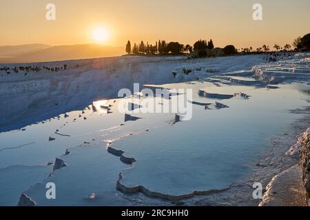 sunset behind Pamukkale travertine terraces, Denizli, Turkey Stock ...