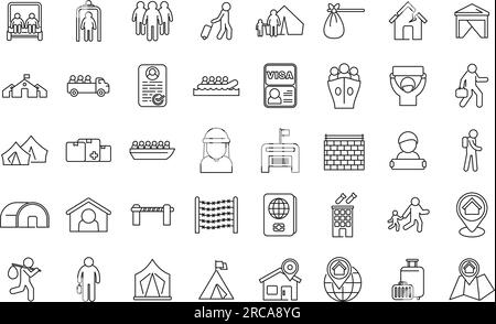 Asylum seeker icons set outline vector. Migration refugee. Abroad ...