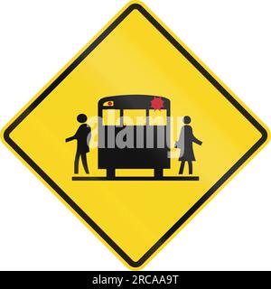 Canadian school warning sign - School bus stop ahead. This sign is used ...