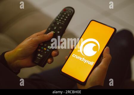 In this photo illustration a Crunchyroll logo seen displayed on a ...