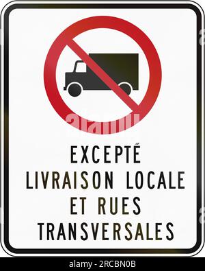 Canadian regulatory traffic sign - No lorries. The text means: X meters ...