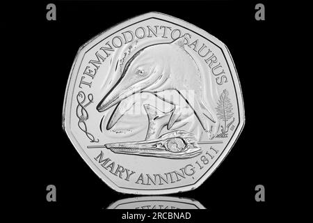 UK 50p coin featuring a Temnodontosaurus from the 2021 Dinosauria ...