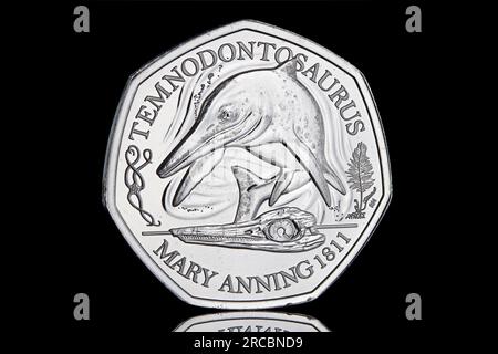 UK 50p coin featuring a Temnodontosaurus from the 2021 Dinosauria ...