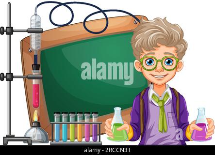 Male student cartoon holding conical flask on science class experiment ...