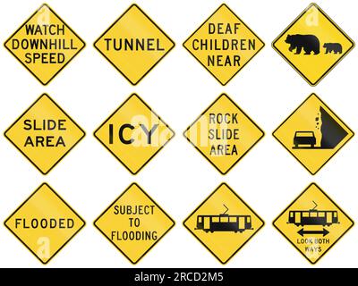 Collection of warning signs used in the USA Stock Photo - Alamy