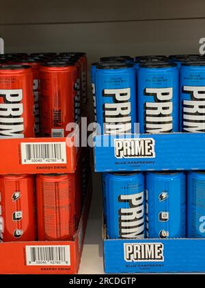 Cans of Prime Energy drink. High caffeine content has been identified ...