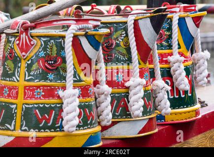 Buckby style water cans on a narrowboat, Great Britain, UK Stock Photo ...
