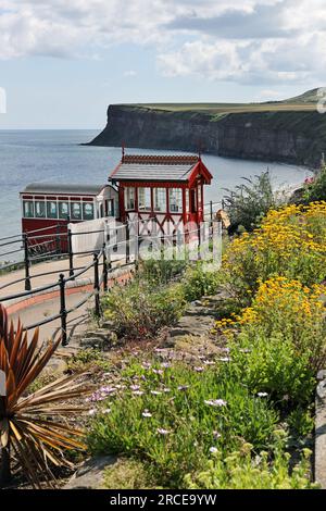 The Saltburn fossil gardens and cliff tramway with the view south ...