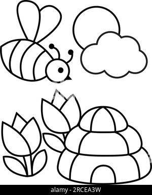 Spring Bee with a Beehive Coloring Page for Kids Stock Vector Image ...