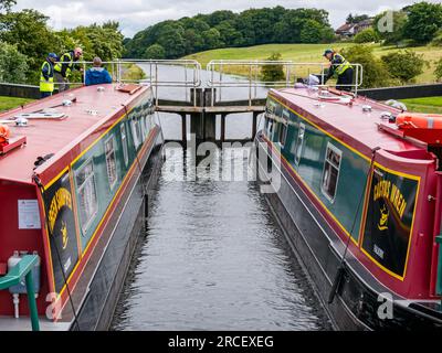 Canal boats or barges lowered in lock on Forth and Clyde Canal ...