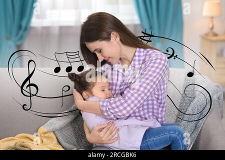 Mother singing lullaby to her sleepy baby on bed. Illustration of ...