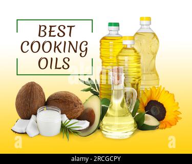 Sunflower oil as best cooking oil for health. Text and product on white ...
