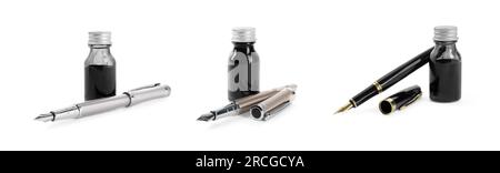 Collage with fountain pens and inkwells on white background Stock Photo ...