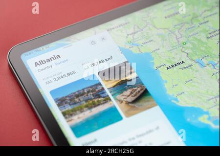 Tirana map. Close up of Tirana map with red pin. Map with red pin point ...