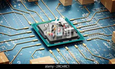 Large group of cardboard boxes connected to microchip. 3D illustration ...