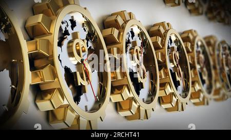 Gear shaped clocks with dollar sign. Earth map at the center. 3D ...