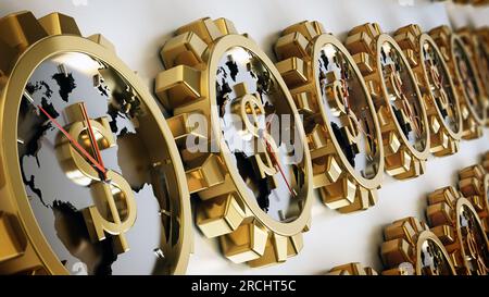 Gear shaped clocks with dollar sign. Earth map at the center. 3D ...