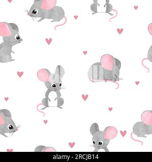 Seamless watercolor cute mice pattern. Vector mouse background for kids ...
