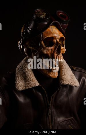 Skull with leather jacket and steampunk goggles. Aviator costume ...