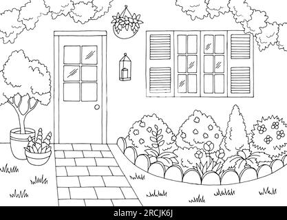 Garden in the courtyard of the house graphic black white sketch ...