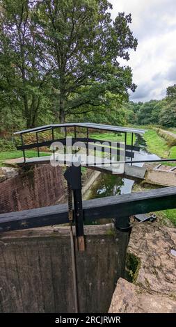 The River Wey navigation canal at Thames lock on a very foggy and misty ...