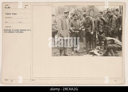 This photograph captures a German prisoner of war (POW) calling for ...