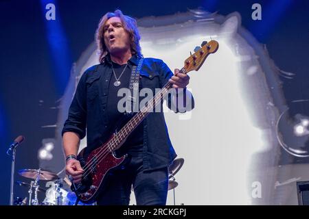 John Leven of the Swedish band of Europe, play the bass during their ...
