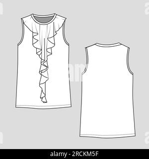 Women fashion ruffles tank top flat sketch technical drawing template ...
