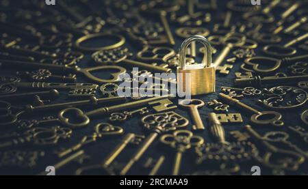 Vintage victorian style keys surrounding a single gold lock ...