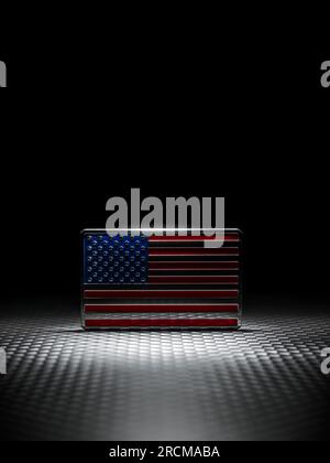 Spotlight on shiny US American flag emblem on dark carbon fiber ...