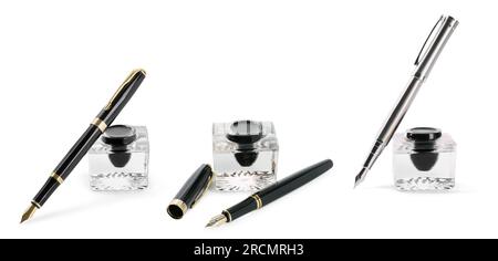 Collage with fountain pens and inkwells on white background Stock Photo ...