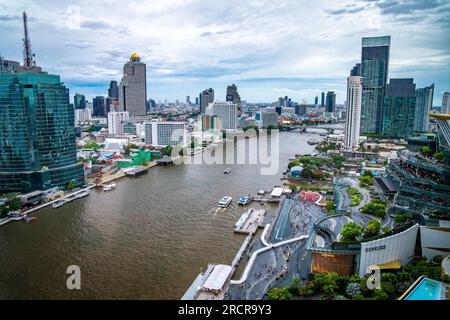 Aerial view of Icon Siam mall by night on the chao phraya river in ...