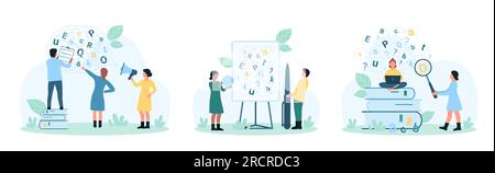 Difficulty in writing and reading, dyslexia brain disorder set. Tiny ...