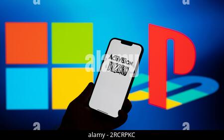 The Sony Playstation and MIcrosoft logos are seen in the background ...