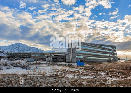 Modern arctic buildings and Store Malene mountain in the background ...