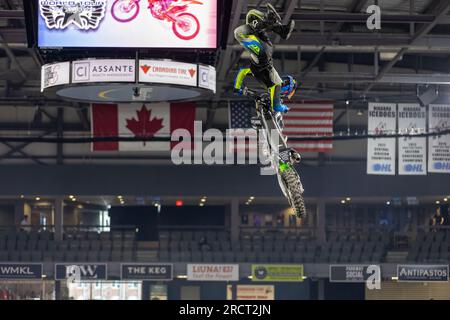 World class FMX motocross riders doing stunts in Ontario Canada Stock ...