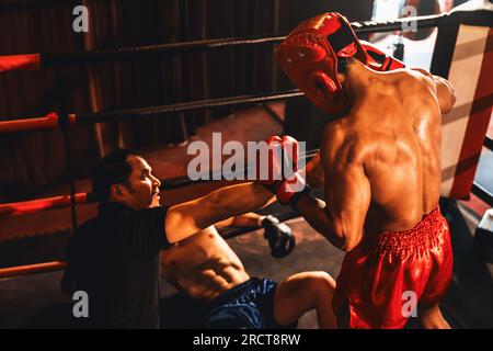 Boxing referee intervene, halting the fight to check fallen competitor ...
