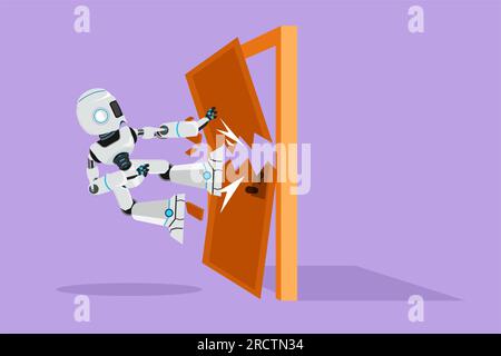 Character flat drawing robot kicks the door until door shattered ...