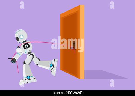 Character flat drawing robot pulling closed door knob with power ...