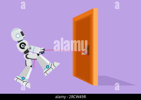 Character flat drawing robot pulling closed door knob with power ...