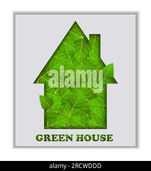 Green illustration of an eco house or eco home surrounded by grass and ...